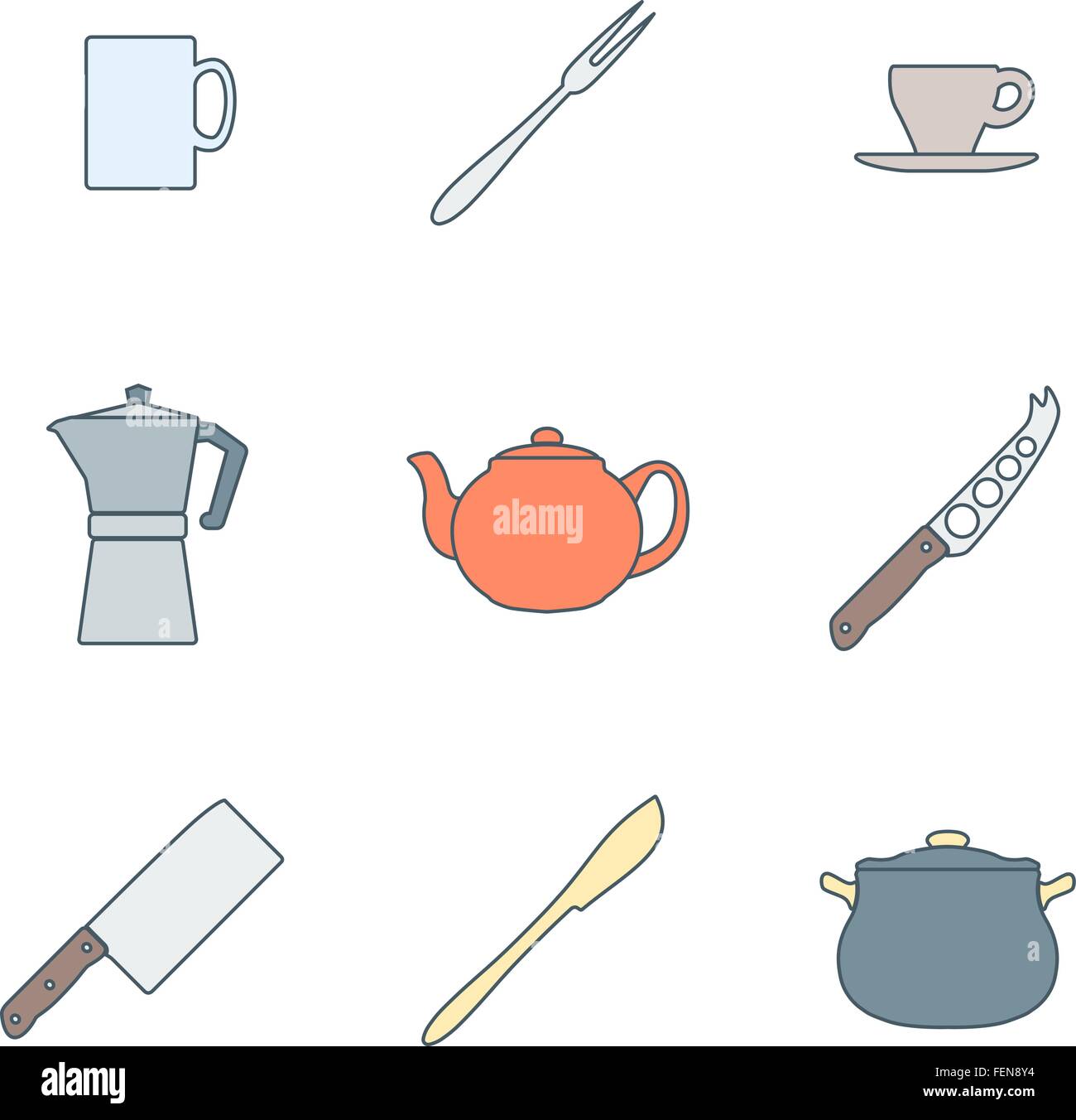 vector various flat colored outline dinnerware tableware utensil icons ...