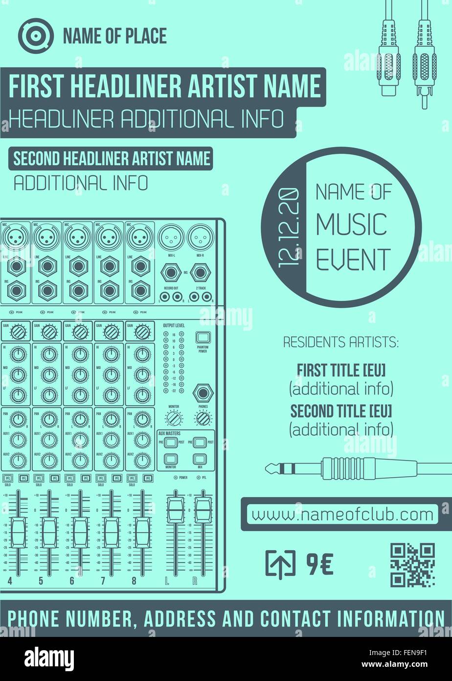 vector monochrome blue club poster template with sound mixer and ...