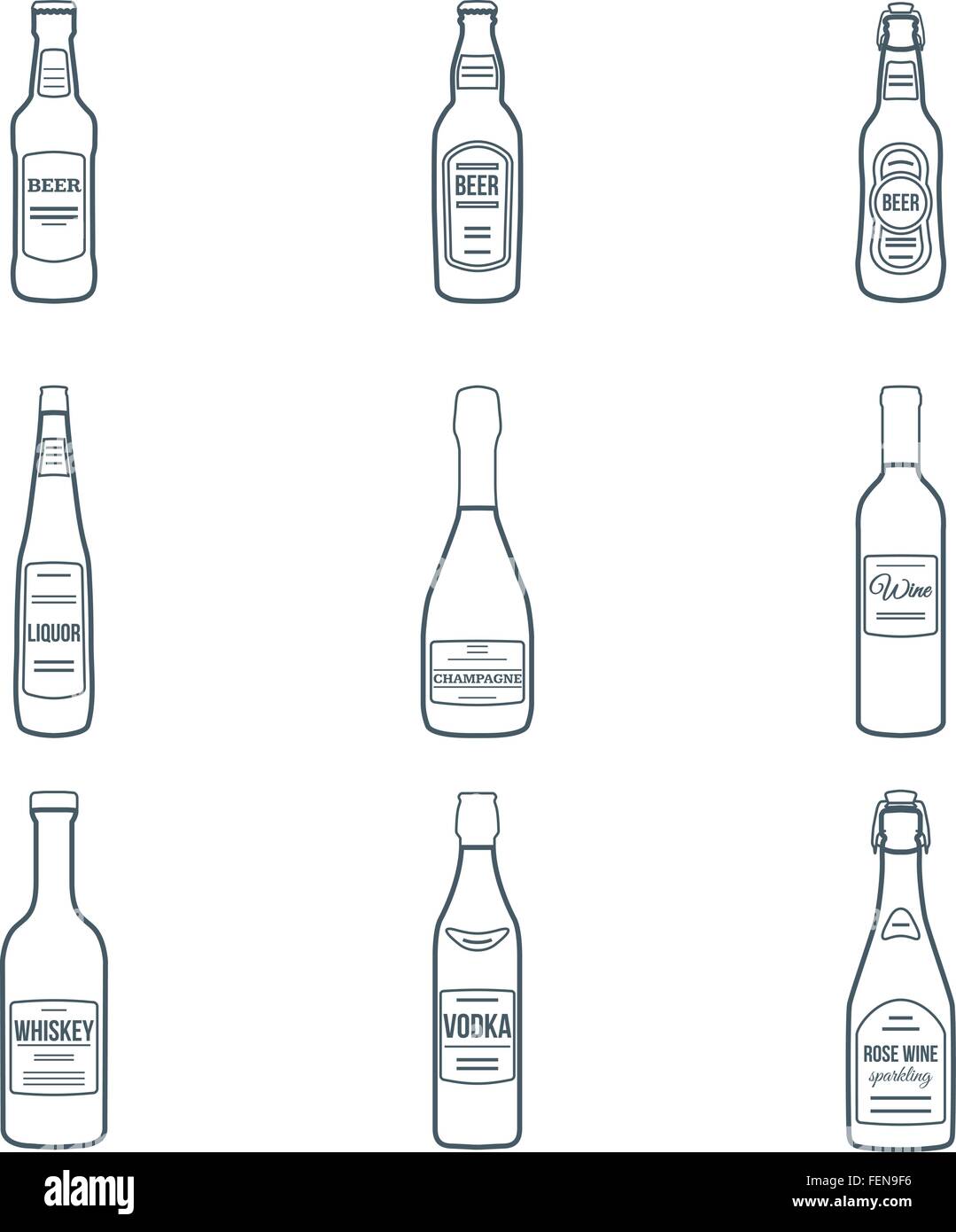 vector dark outline design alcohol bottles icons set on white Stock ...