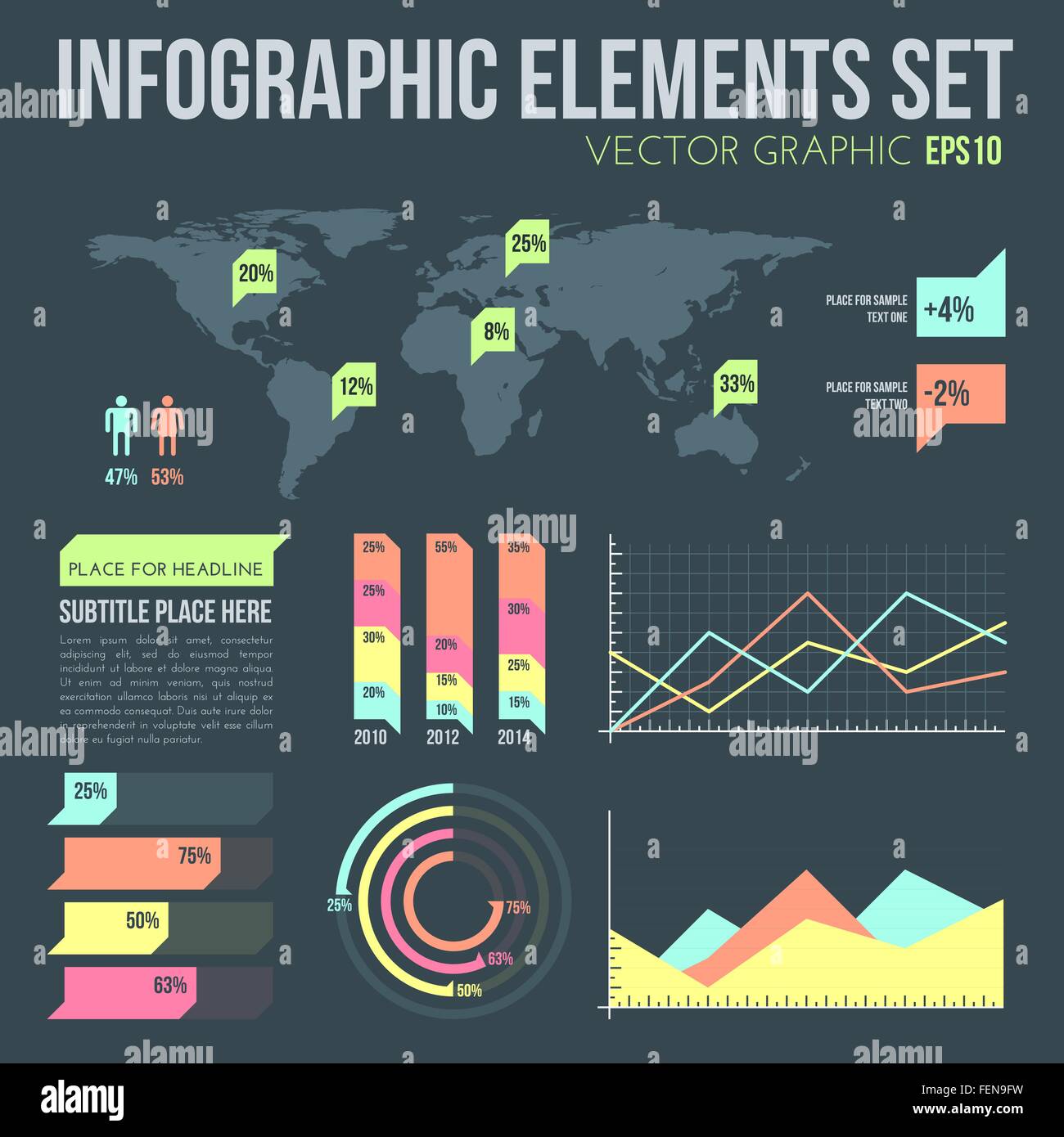 vector flat design infographic elements set with map and charts on dark ...