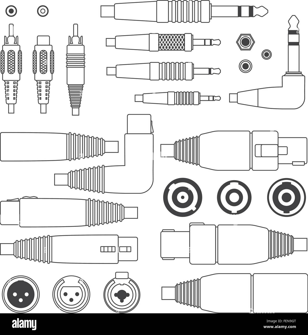 vector outline monochrome various audio connectors and inputs set Stock ...