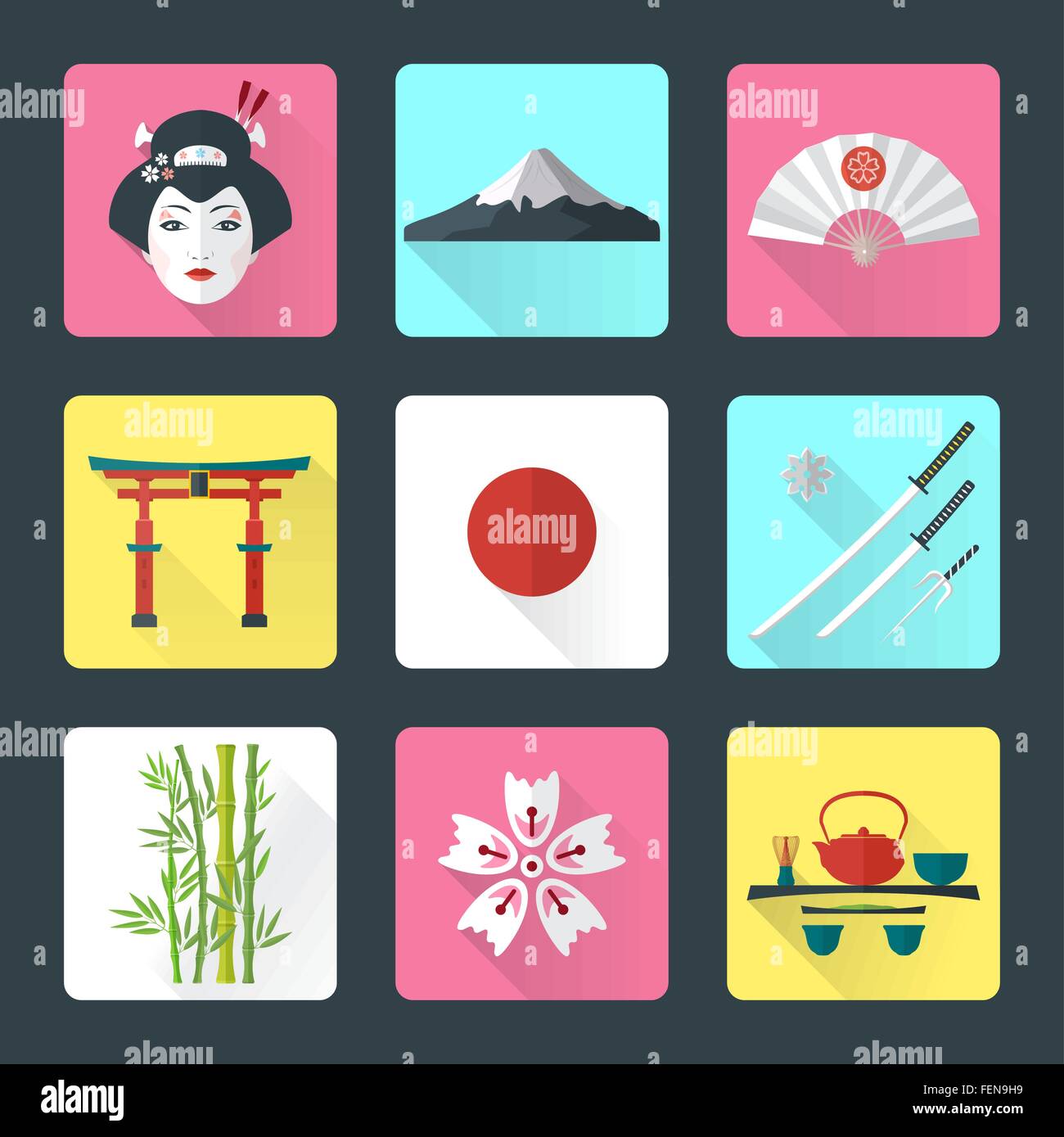 vector color flat style japanese national theme icons with shadow set ...