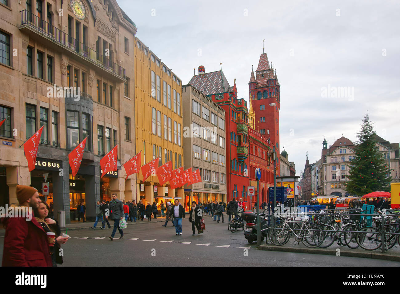 BASEL, SWITZERLAND - JANUARY 1, 2014: Street view of Town Hall on the ...