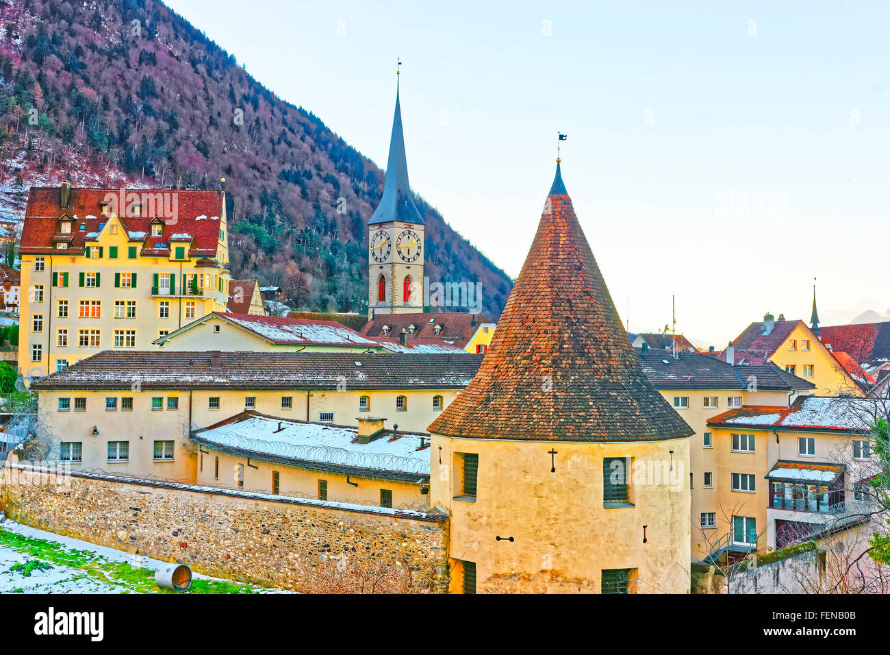 Tower and Church of St Martin in Chur in morning. Chur is the capital ...