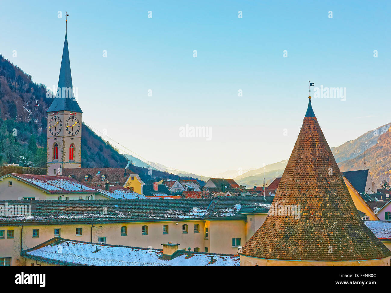 St Martin Church and Tower in Chur in the morning. Chur is the capital ...