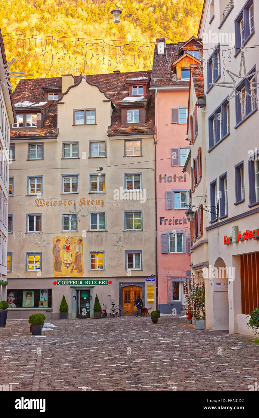 CHUR, SWITZERLAND - JANUARY 1, 2014: Street view of the Old Town of ...