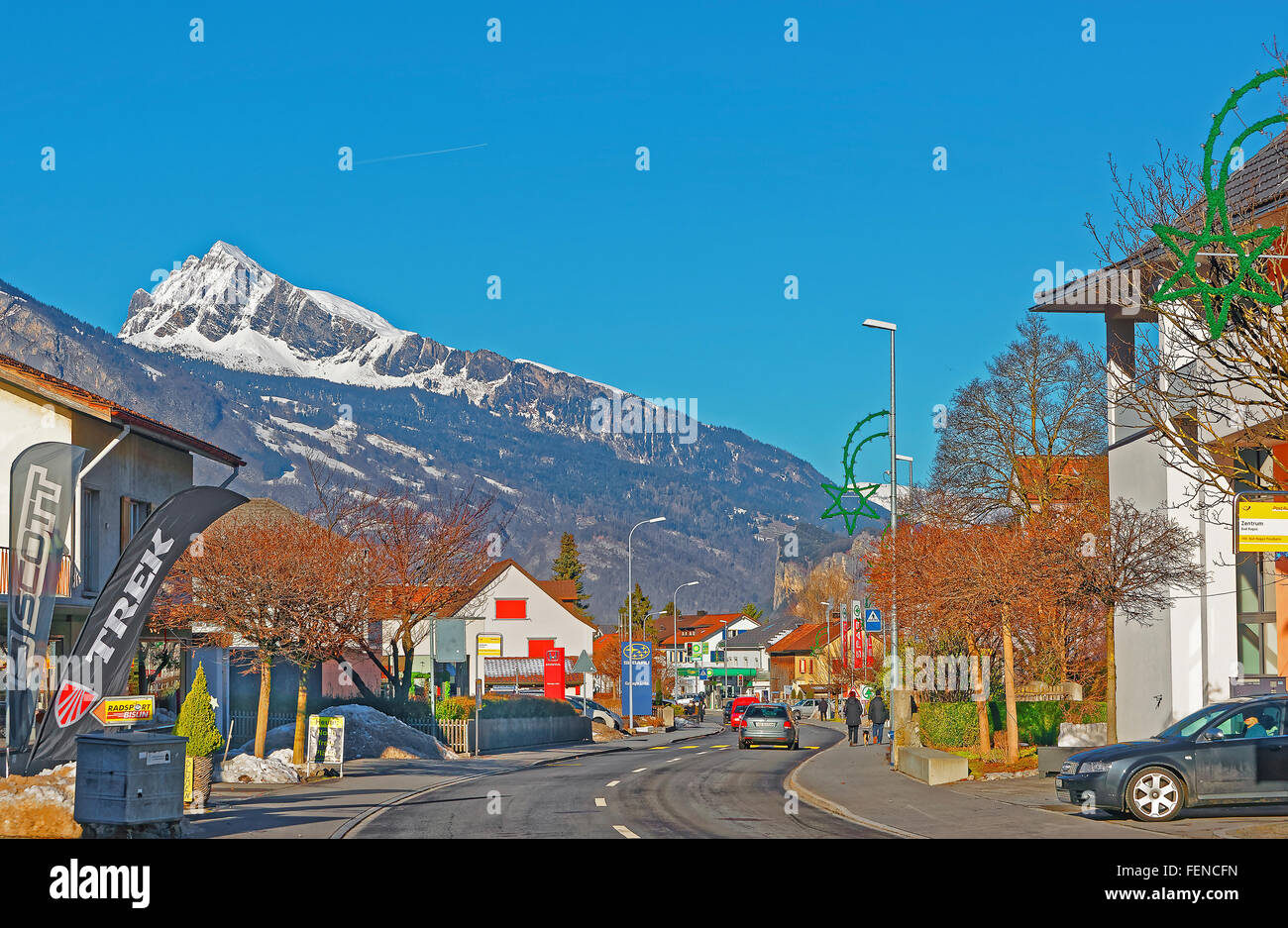 BAD RAGAZ, SWITZERLAND - JANUARY 5, 2015: Street view on the Alps in ...