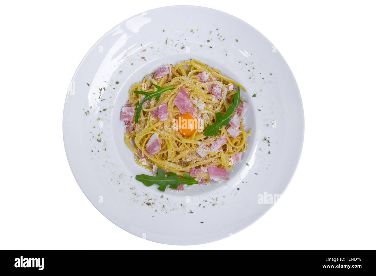 Italian pasta Carbonara with parmesan, yolk and bacon, top view ...