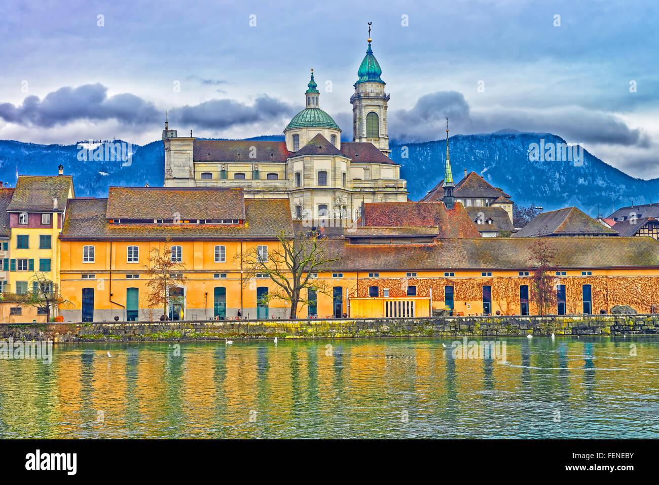 Waterfrontof St Ursus Cathedral of Solothurn. Solothurn is the capital ...