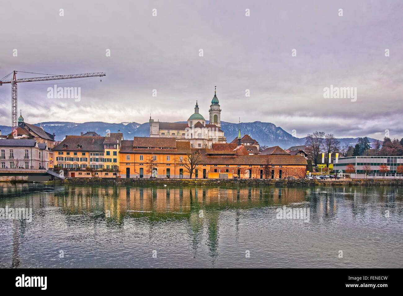 Waterfront with St Ursus Cathedral in Solothurn. Solothurn is the ...