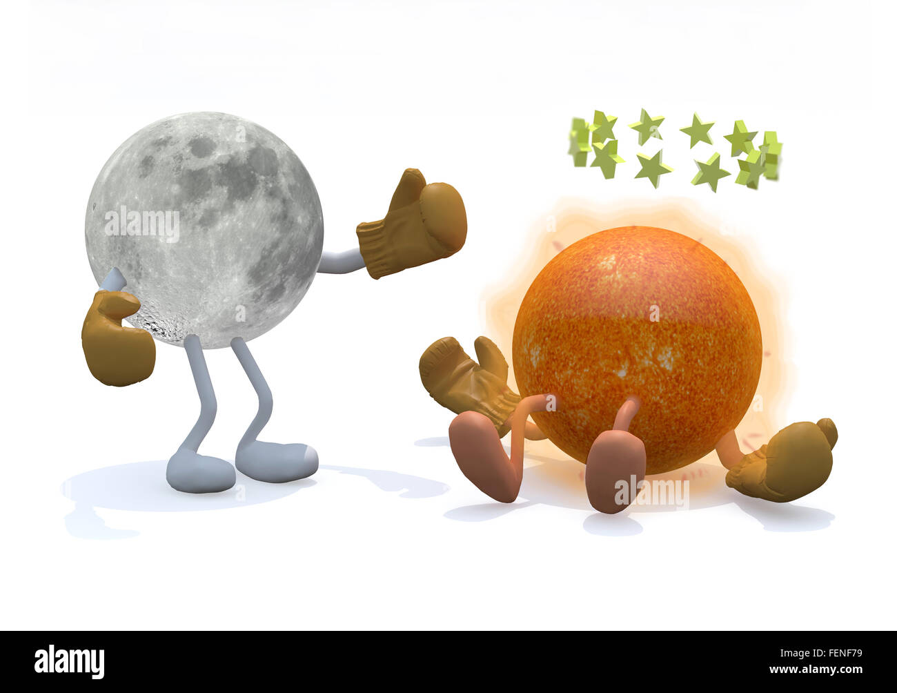 sun and moon with arms, legs and boxing gloves, 3d illustration Stock ...