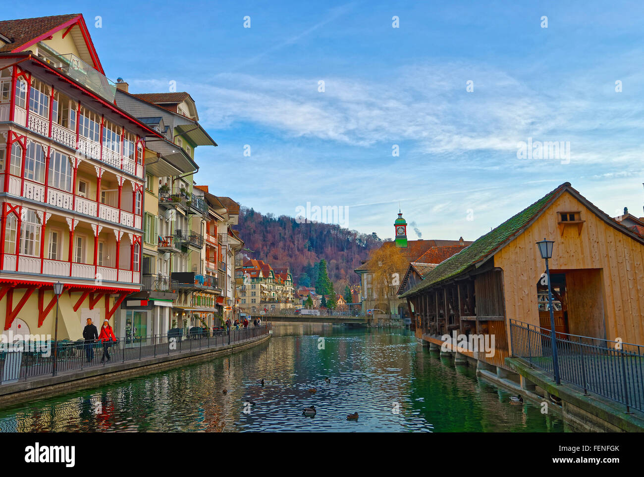 Old Wooden Sluice bridge in the Town of Thun. Thun is a city in Swiss ...
