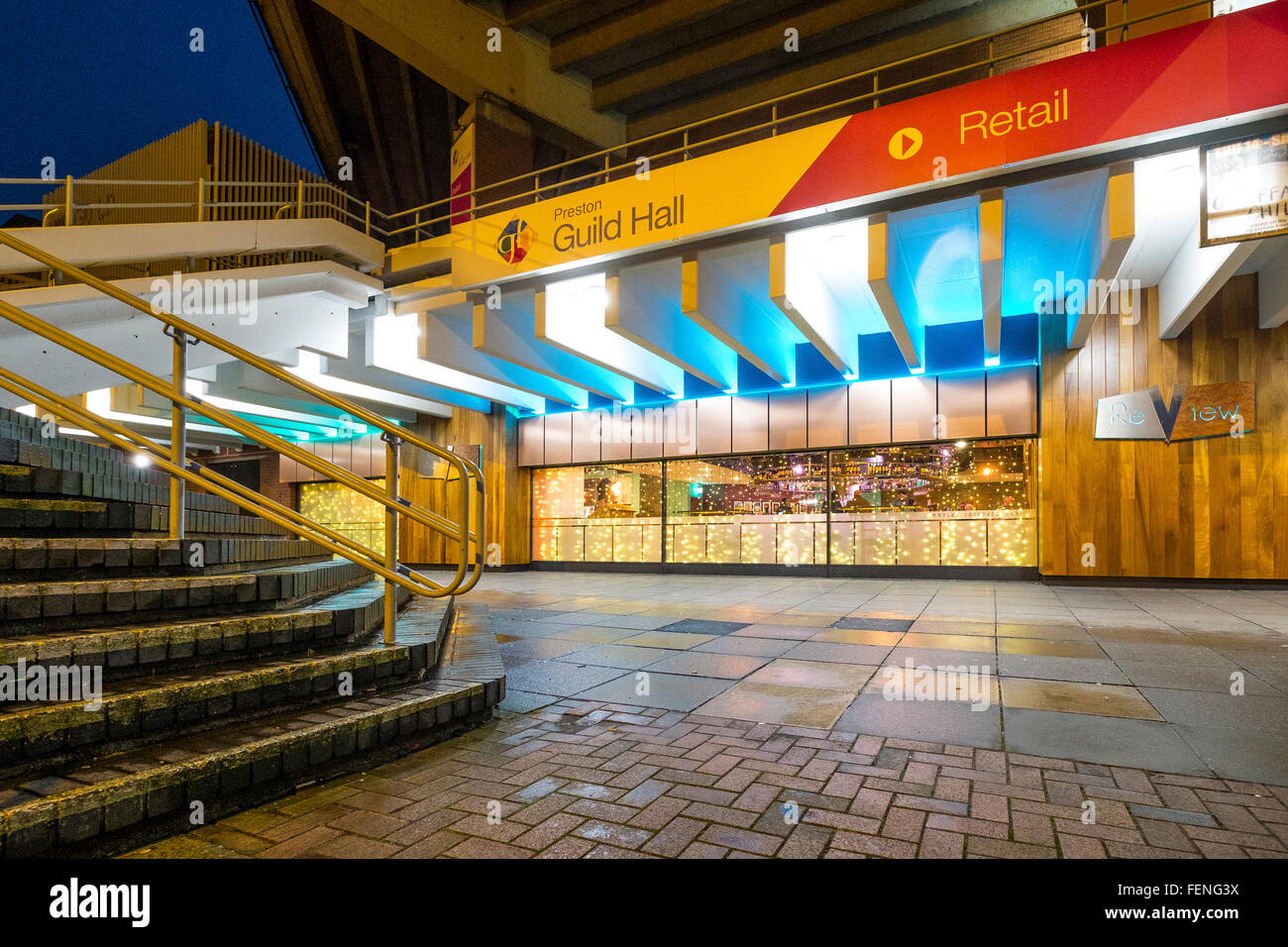 The Review Cocktail Bar at Preston Guild Hall lit up at Night Stock ...