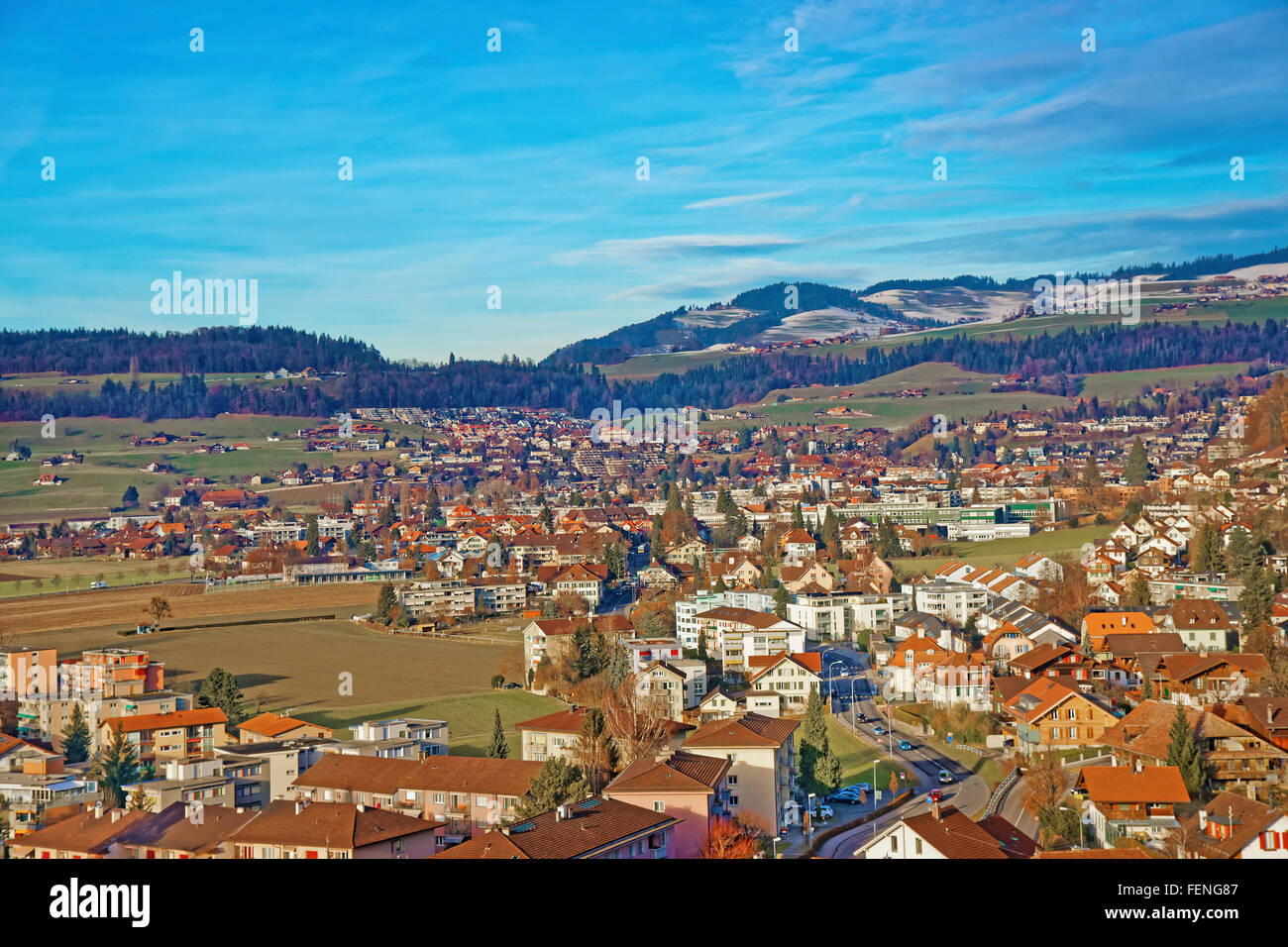 Panoramic View of the Thun Town and mountains. Thun is a city in the ...