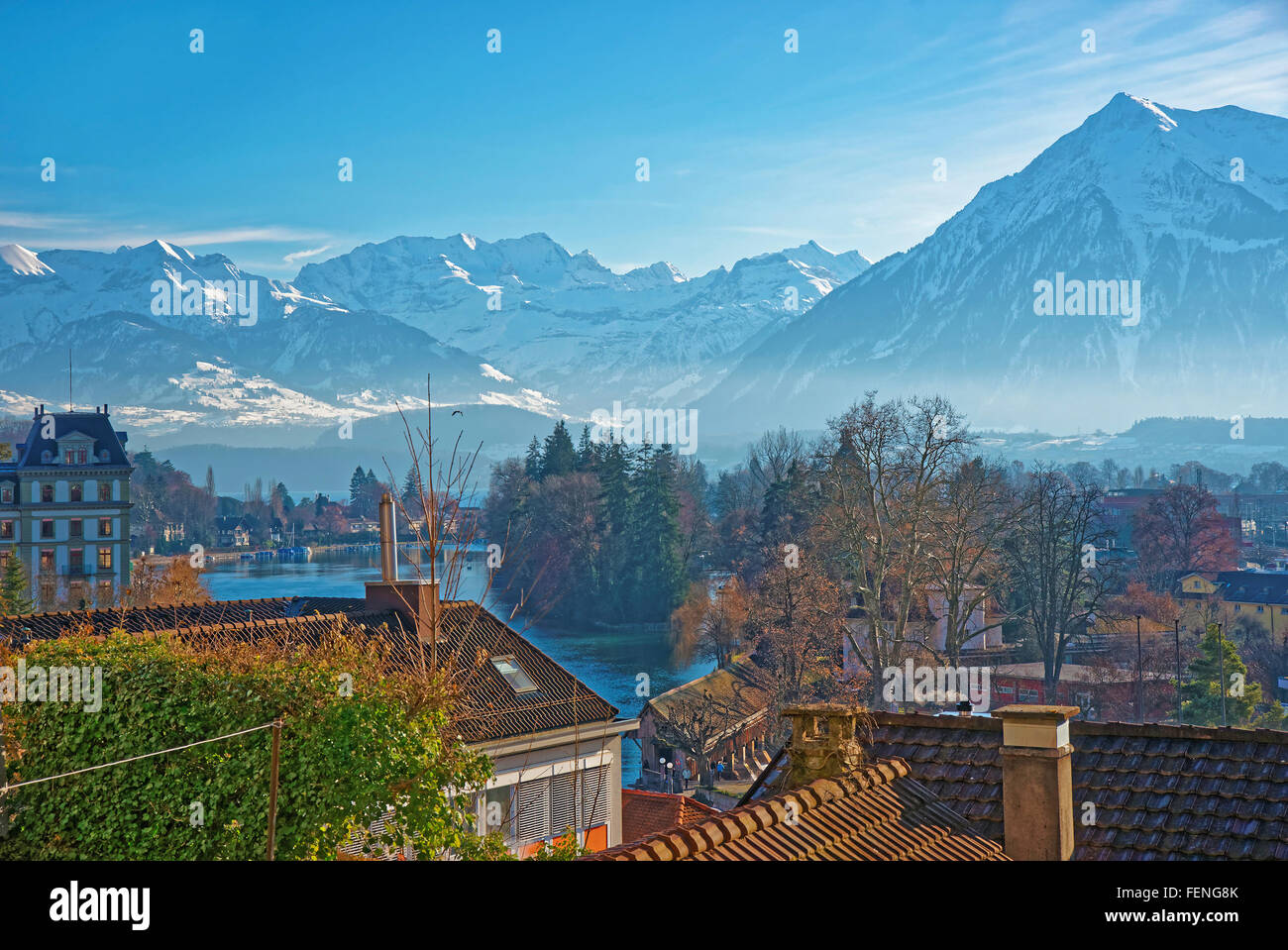 Panorama of the Town of Thun with Thunersee and the Alps. Thun is a ...