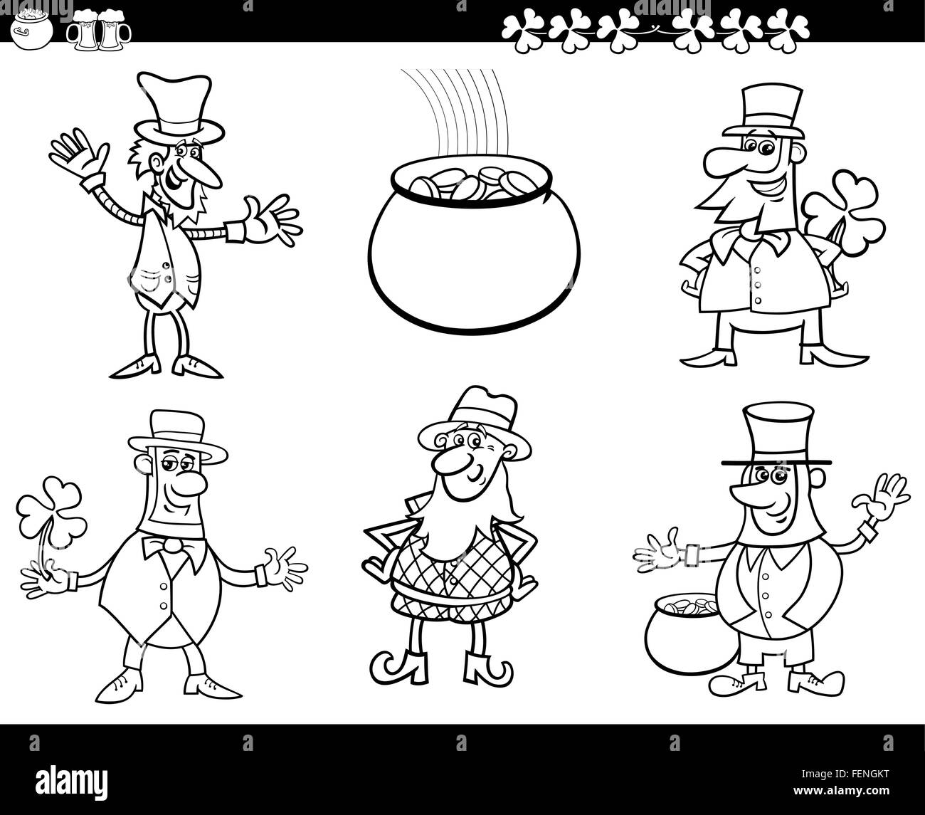 Black and White Cartoon Illustration of Leprechaun Characters and Saint ...