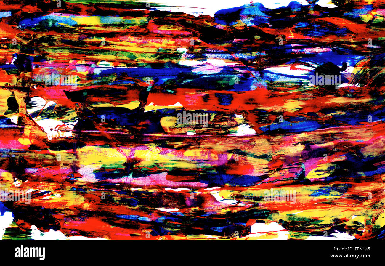 Messy abstract lines and smears of paint in many bold colours, spread ...