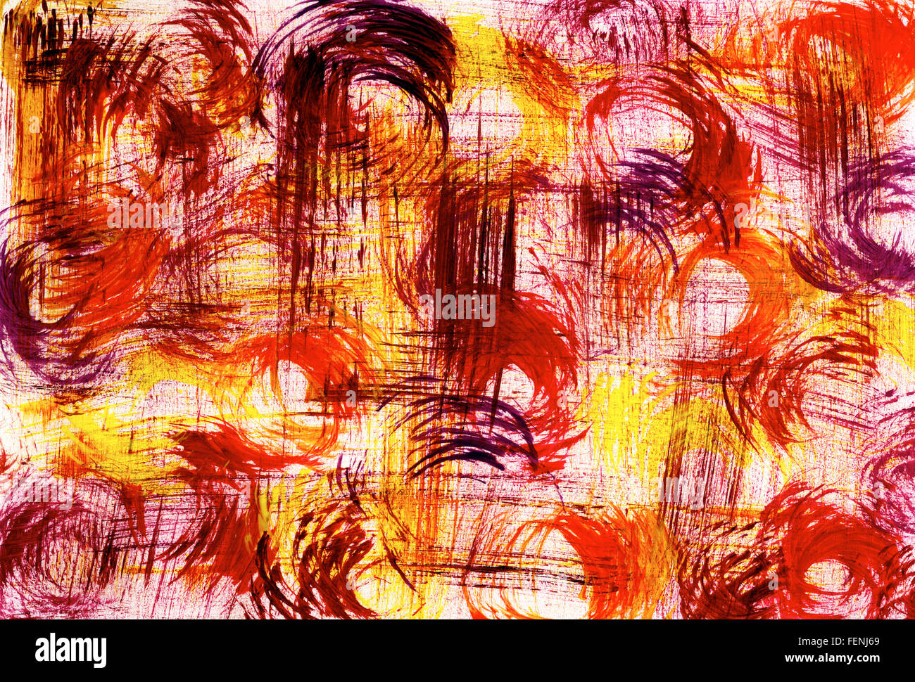 Abstract mixture of circular paintbrush marks in shades of red, yellow ...
