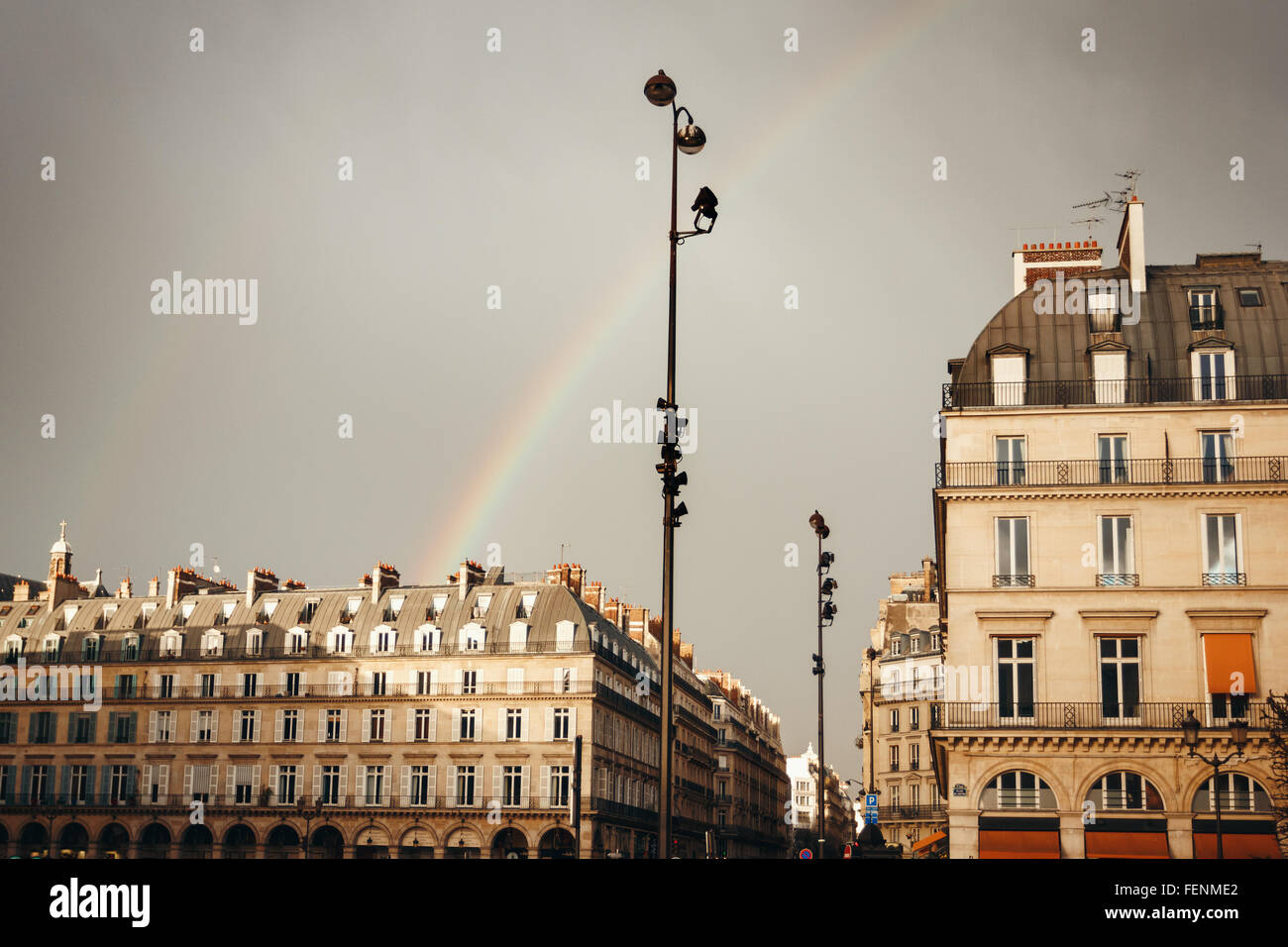Paris Street View with Rainbow in the Sky After Rain. Traditional ...