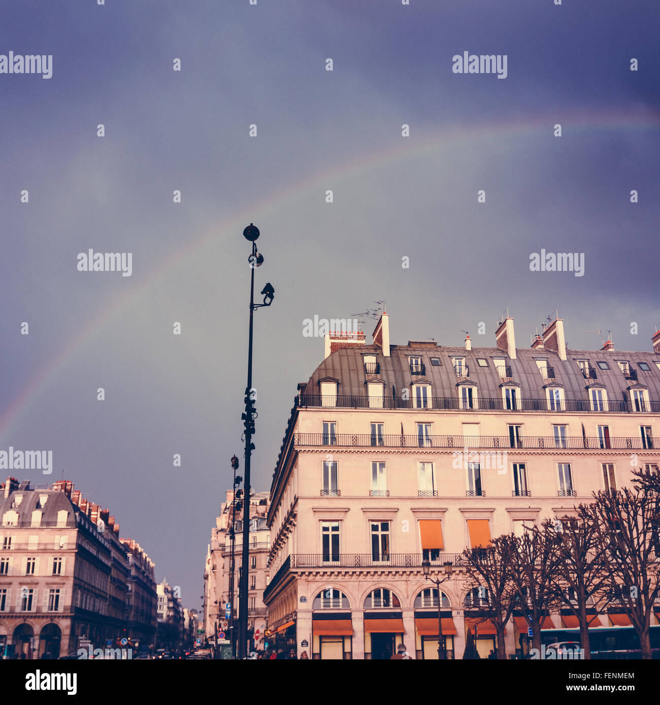 Romantic Paris. Street View with Rainbow in the Sky After Rain ...