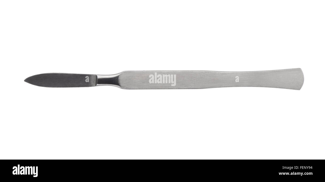 Close up of stainless steel surgical scalpel isolated on white ...
