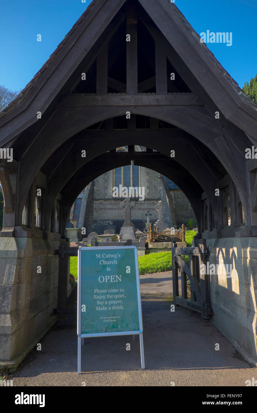 Sign inviting people to enter St Catwg's Church, Pentyrch, north ...
