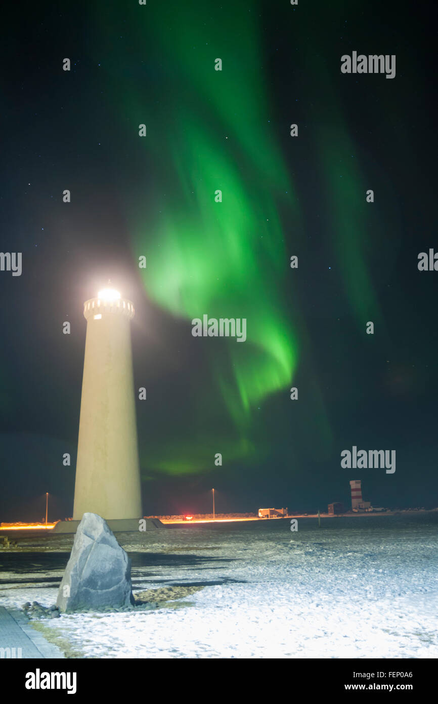 Northern Lights, or Aurora Borealis, display at Gardur Lighthouse ...