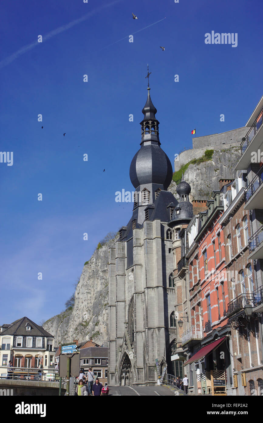Collegiate church Notre Dame and citadel in Dinant, Belgium Stock Photo ...