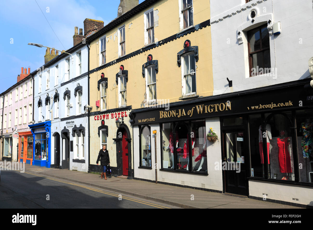 View along the High Street of Wigton town, Allerdale, Cumbria county ...