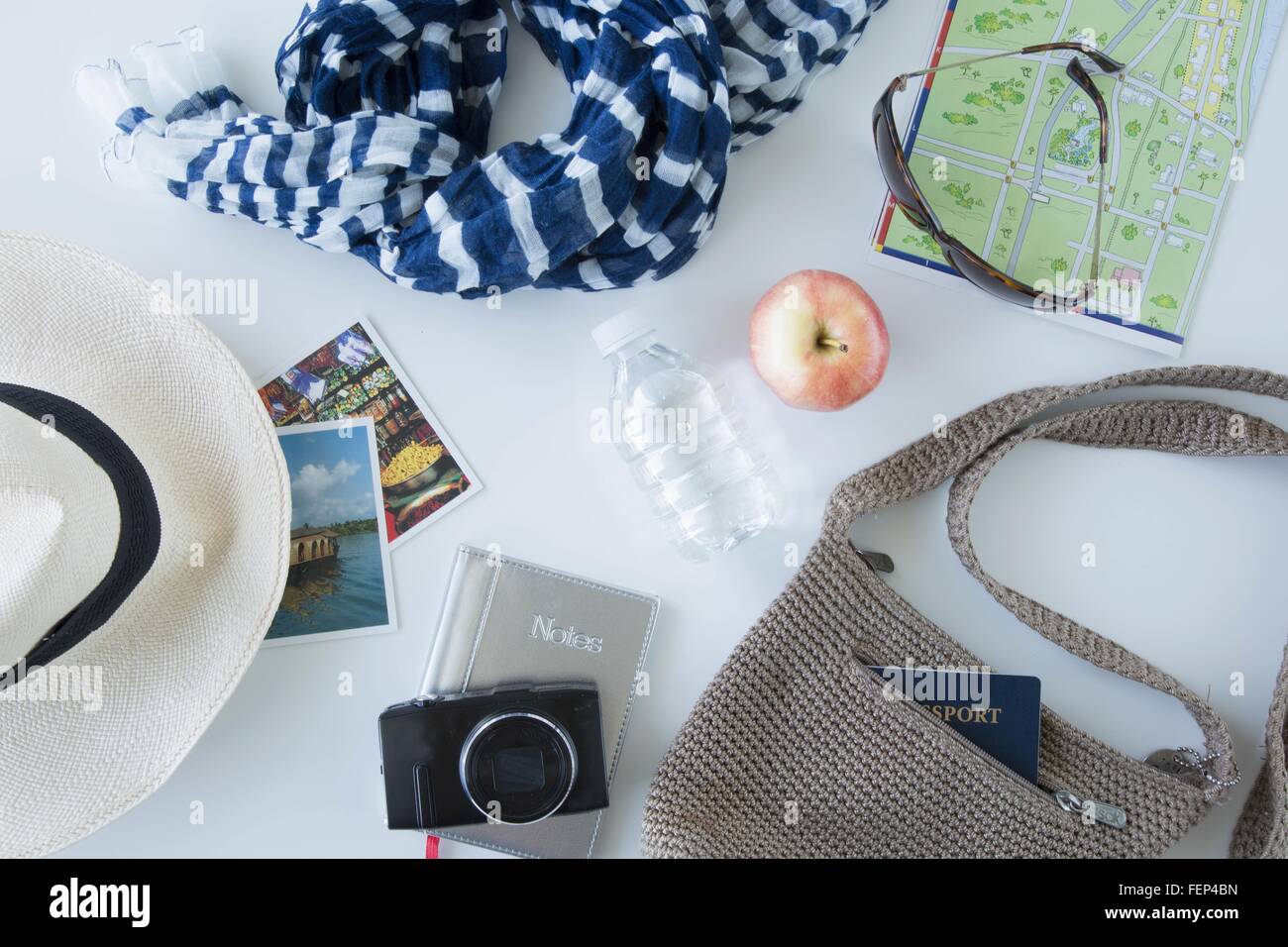 Overhead view of items being prepared for sightseeing on city break ...
