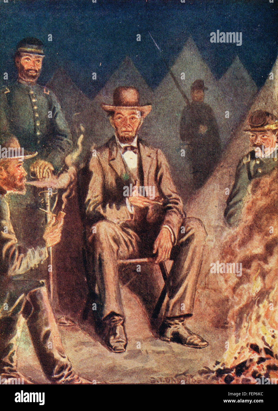 President Lincoln visiting Union Army division Campfire Stock Photo - Alamy