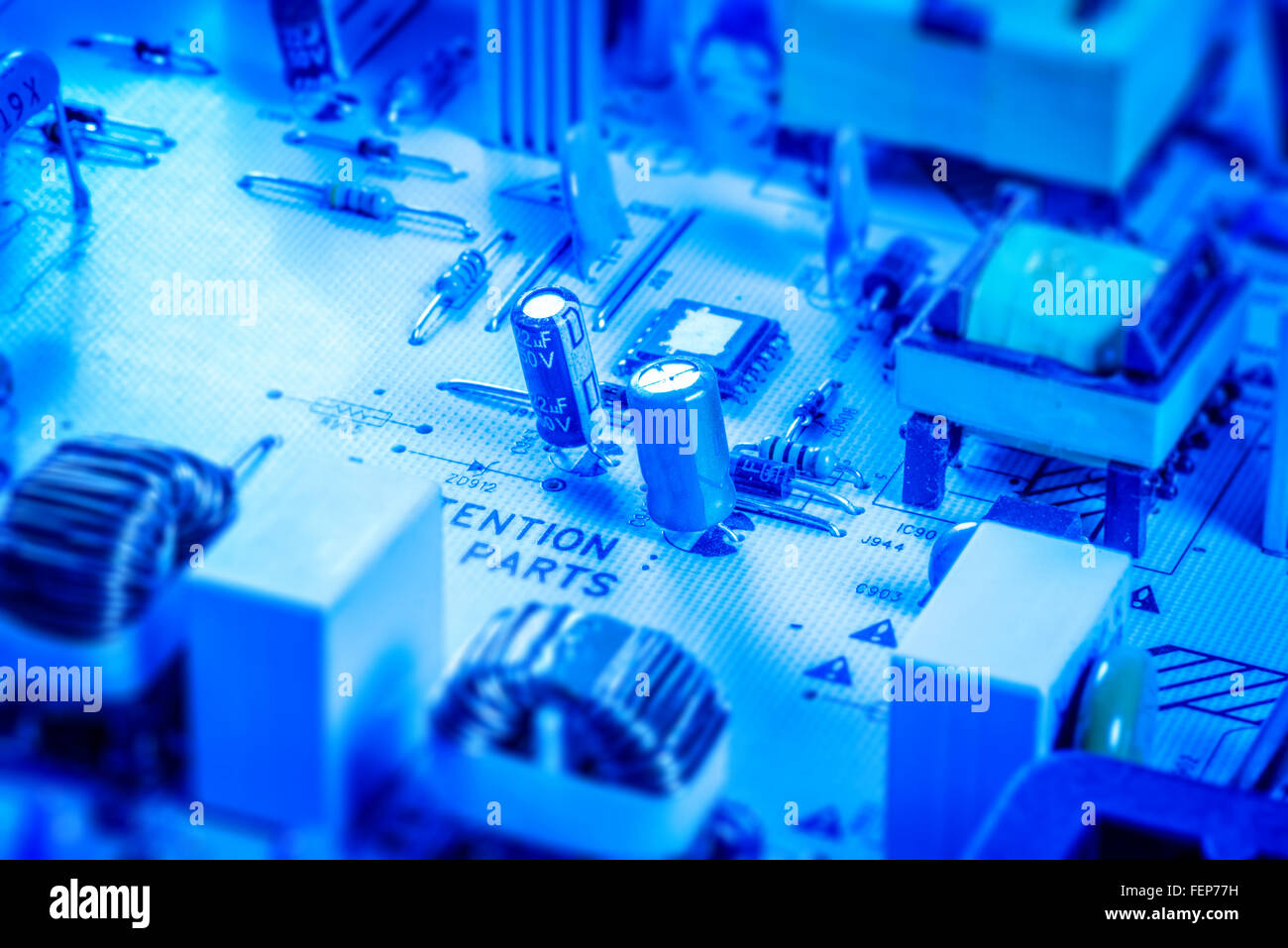 Microcircuit board with capacitors and chips in blue color Stock Photo ...
