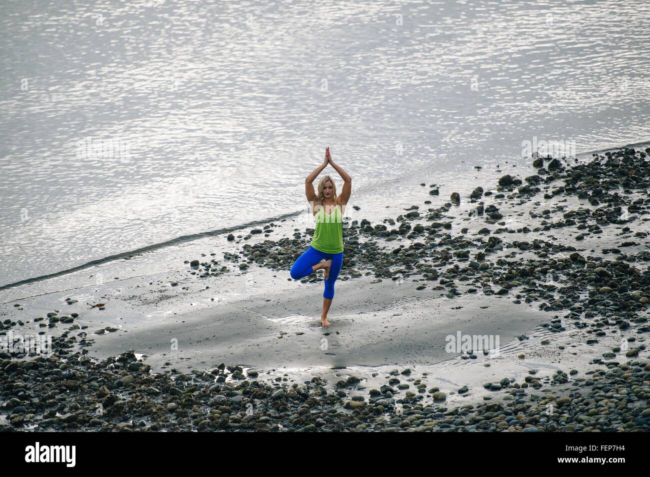 Young woman practicing yoga standing tree pose on beach Stock Photo - Alamy