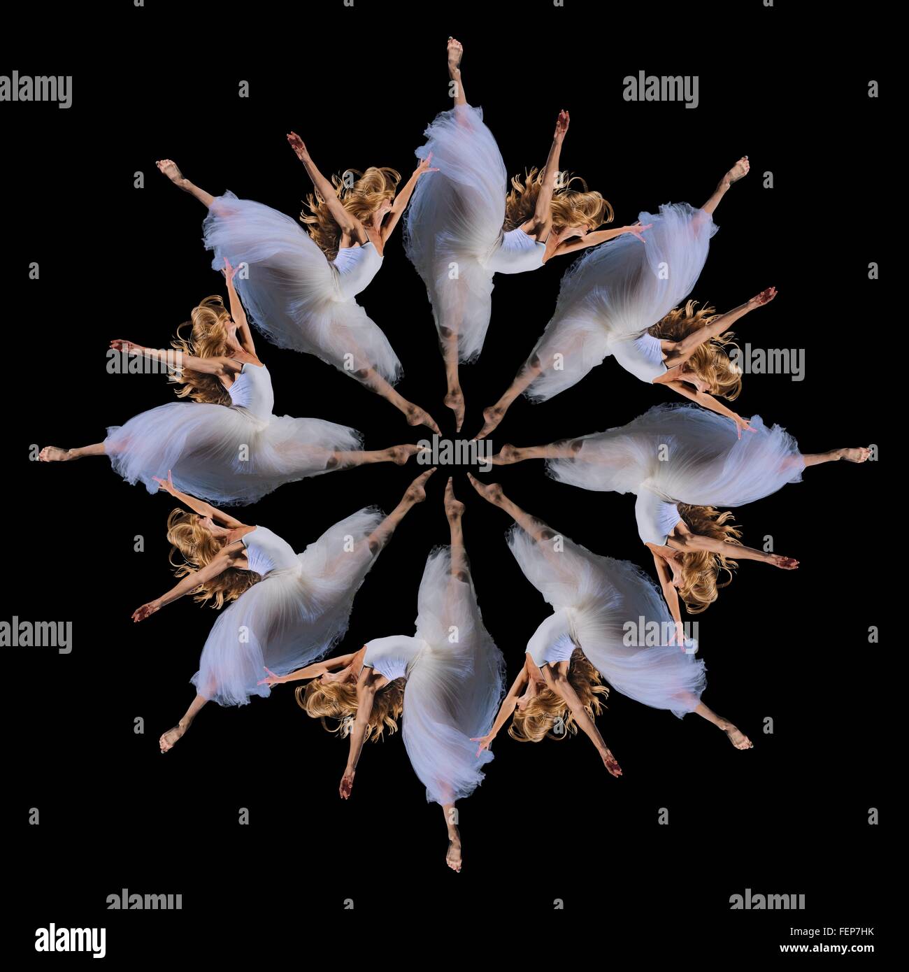 Composite repetition circle of eight female ballet dancers leaping ...
