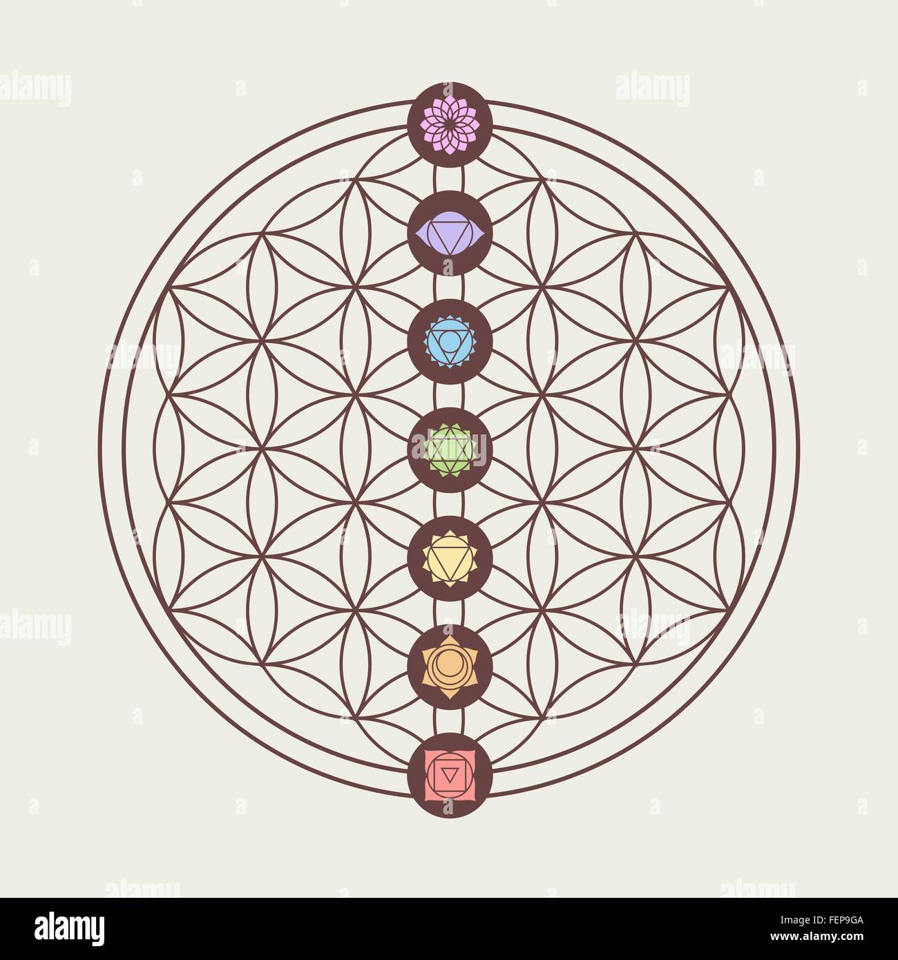 Zen concept illustration, seven main chakra icons placed on flower of ...