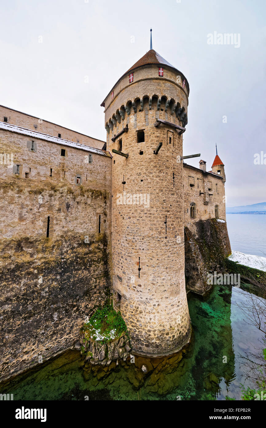 VEYTAUX, SWITZERLAND - JANUARY 2, 2015: Defence Tower of Chillon Castle ...