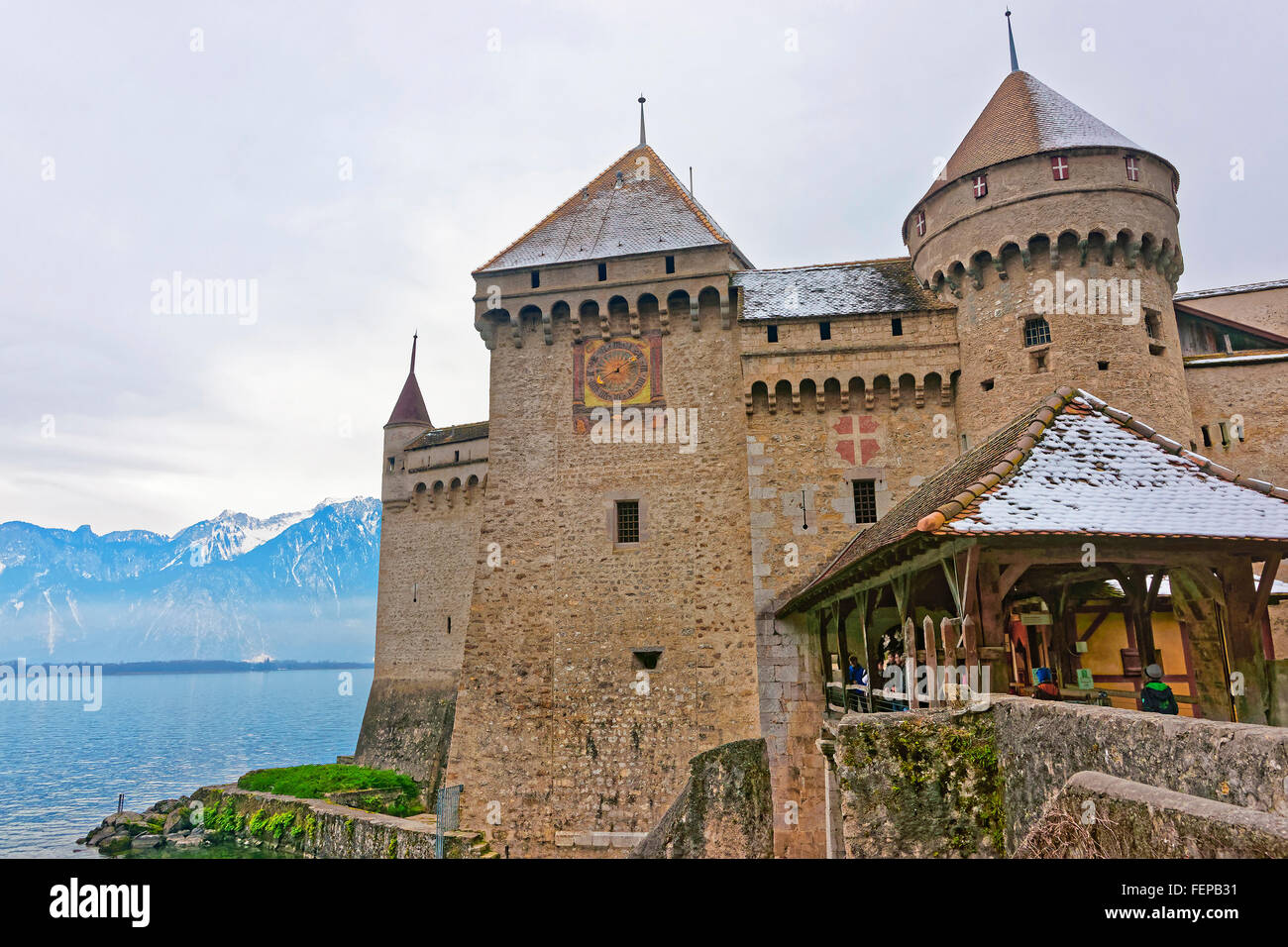 VEYTAUX, SWITZERLAND - JANUARY 2, 2015: Entrance to the Chillon Castle ...