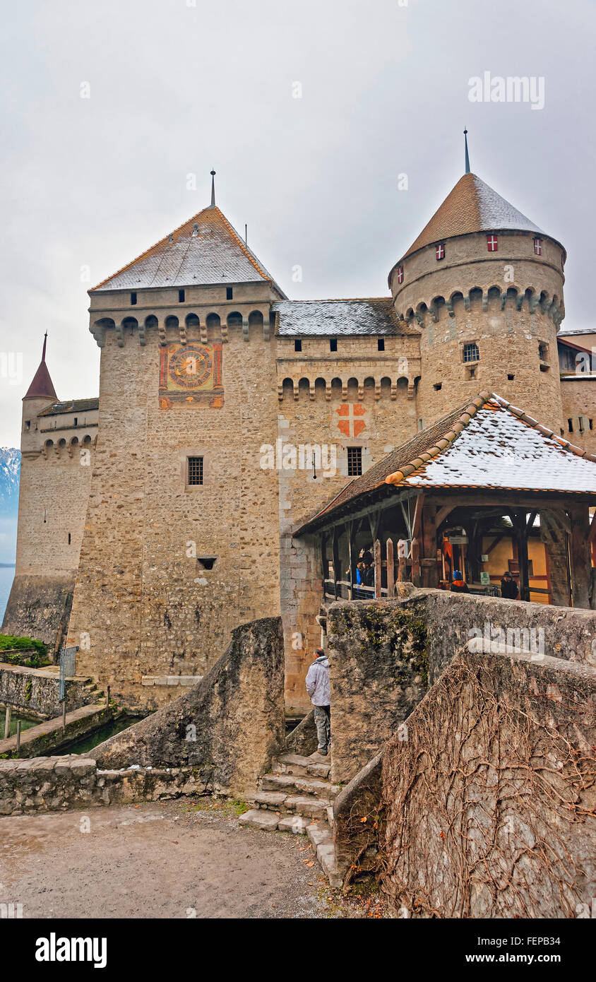 VEYTAUX, SWITZERLAND - JANUARY 2, 2015: Entrance to Chillon Castle. It ...
