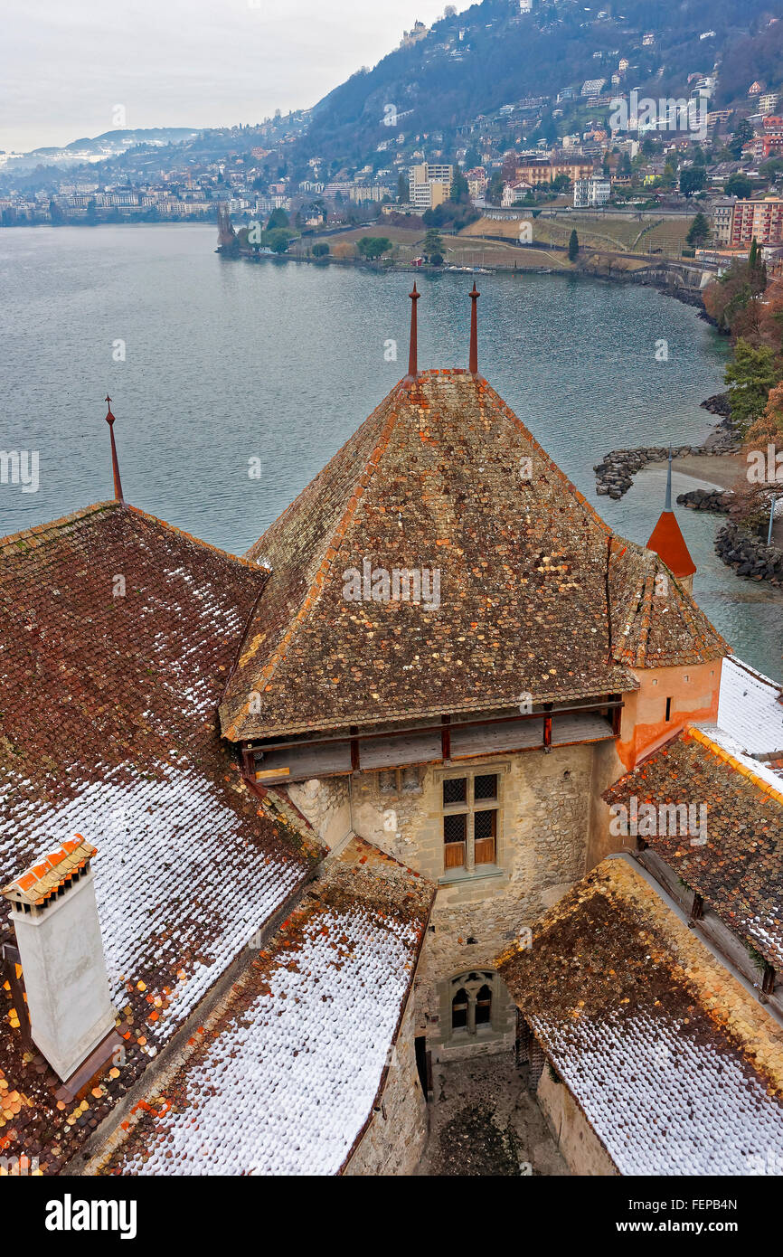 VEYTAUX, SWITZERLAND - JANUARY 2, 2015: View to Montreux city from ...