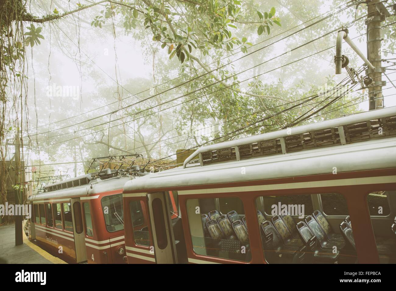 Empty passenger train at railway platform in fog, Corcovado, Rio de ...