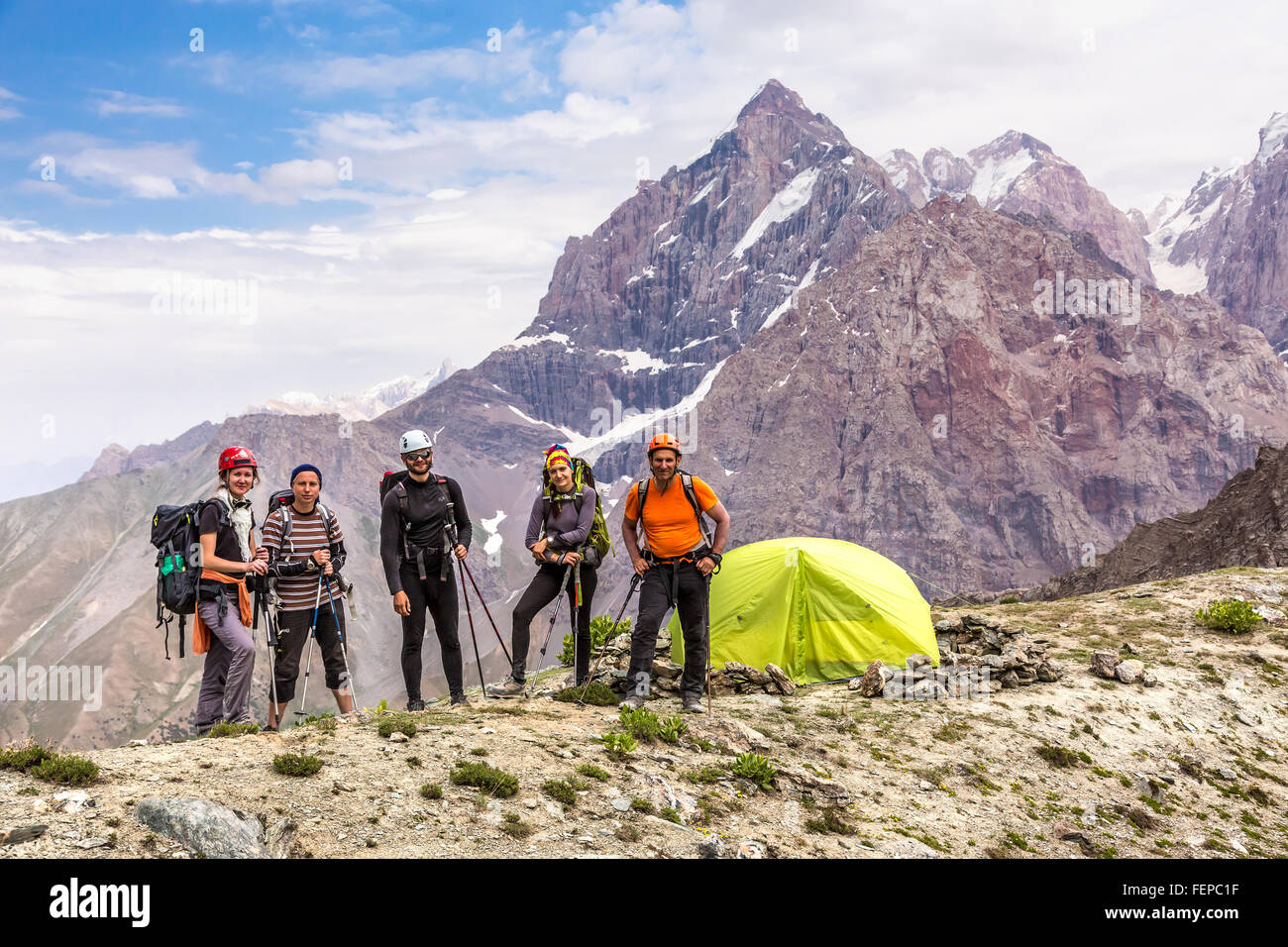 Alpine climbers team and camp Stock Photo - Alamy