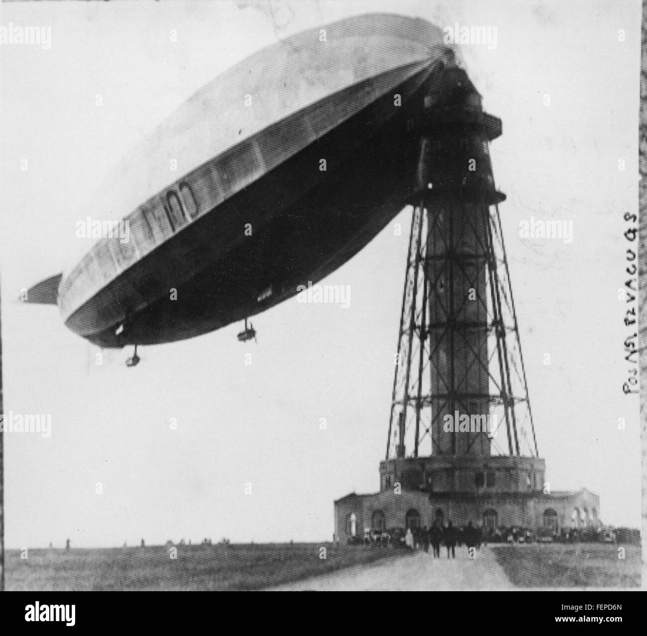 The R-100, a British airship, is shown on its mooring mast. The R-100 ...