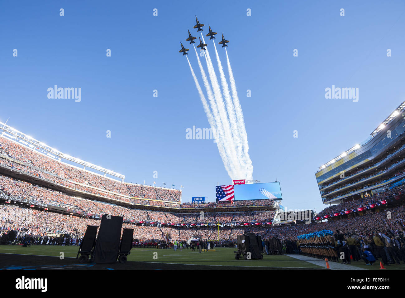 Santa Clara, CA, USA. 7th Feb, 2016. The Navy Blue Angels fly over ...