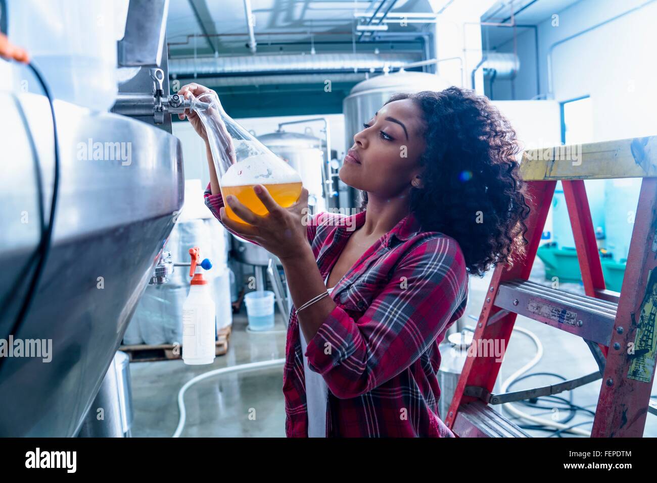 Young woman in brewery filling flask with beer from fermentation tank ...