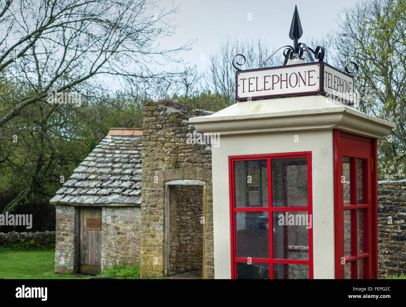 Old-fashioned telephone box in the abandoned village of Tyneham in ...