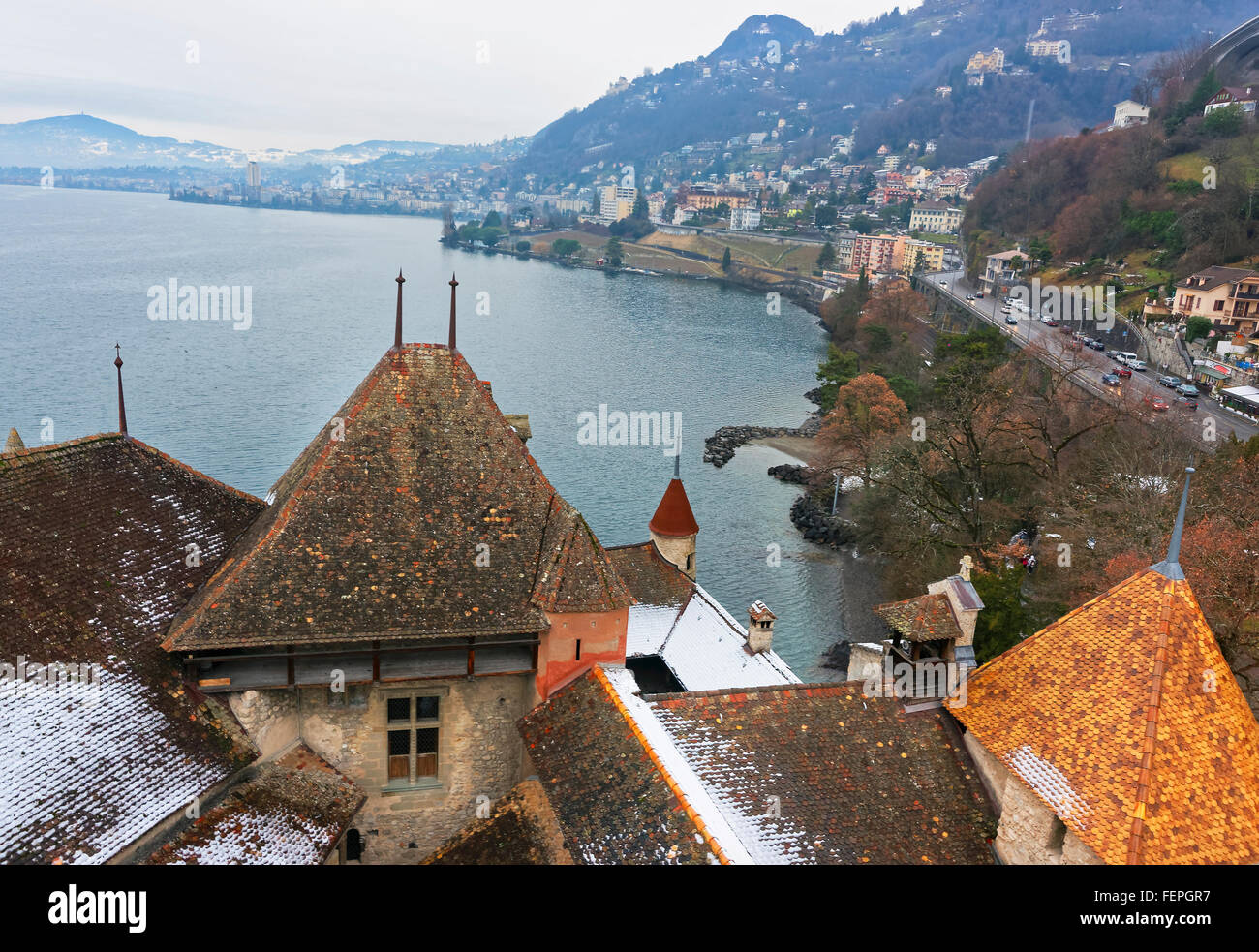 VEYTAUX, SWITZERLAND - JANUARY 2, 2015: View to Montreux from the ...