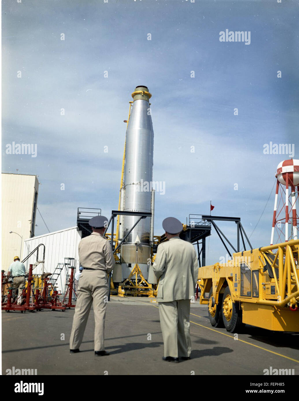 A detailed image showing the testing phase of the Atlas ICBM launcher ...
