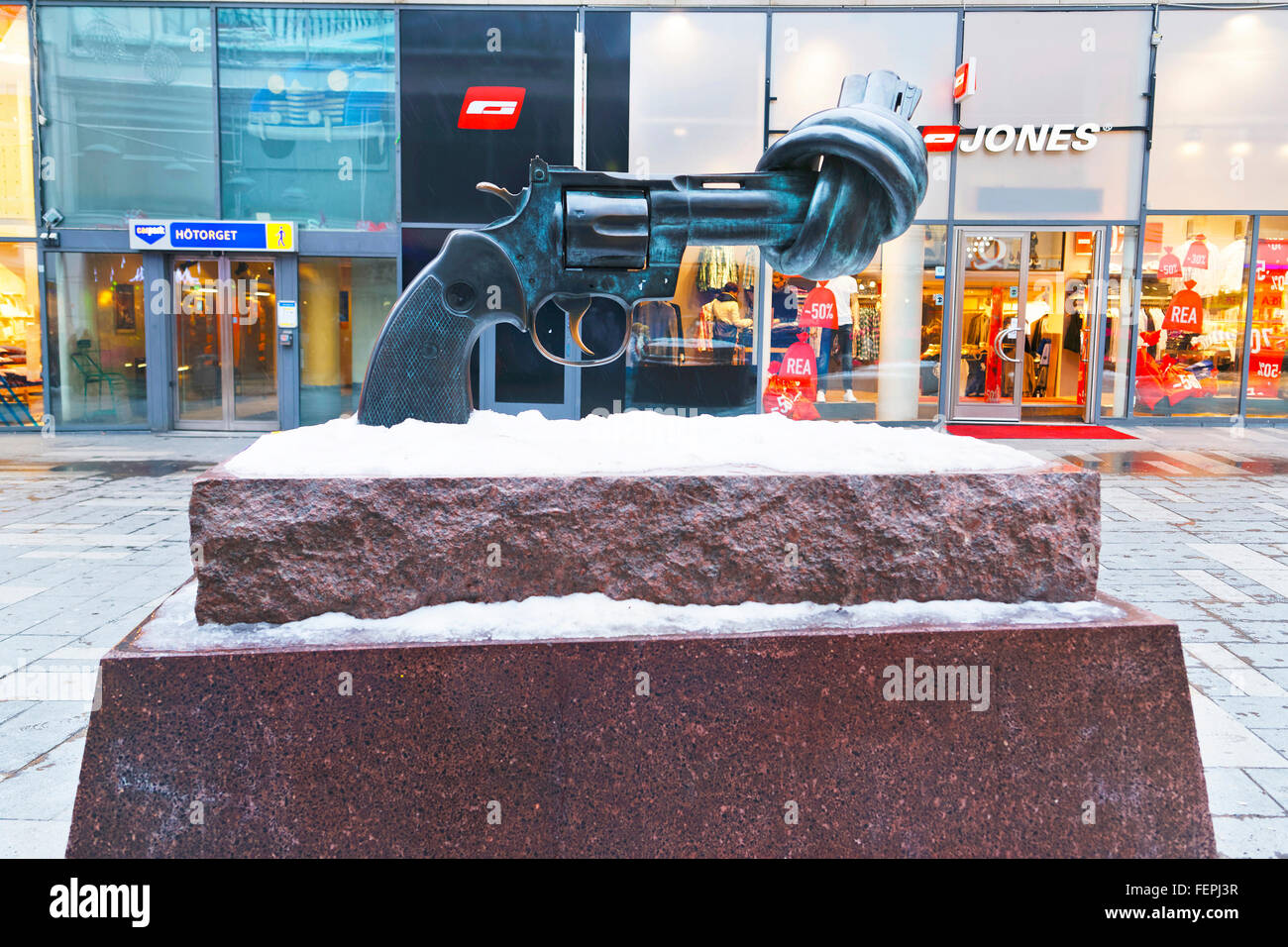 STOCKHOLM, SWEDEN - JANUARY 5, 2011: Non-Violence statue of twisted gun ...