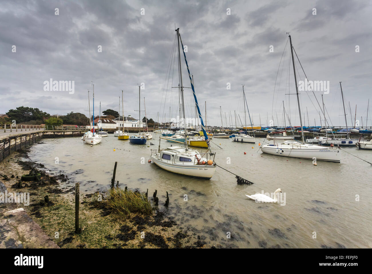 Hill Head Harbour on the coast of the Solent in the south of England ...