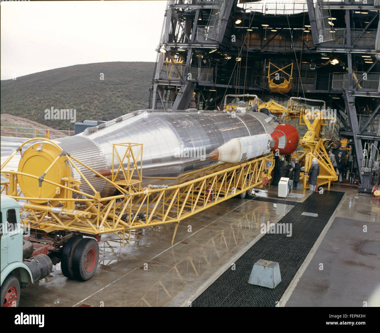 This image shows the transportation of the Atlas 1B rocket to Sycamore ...